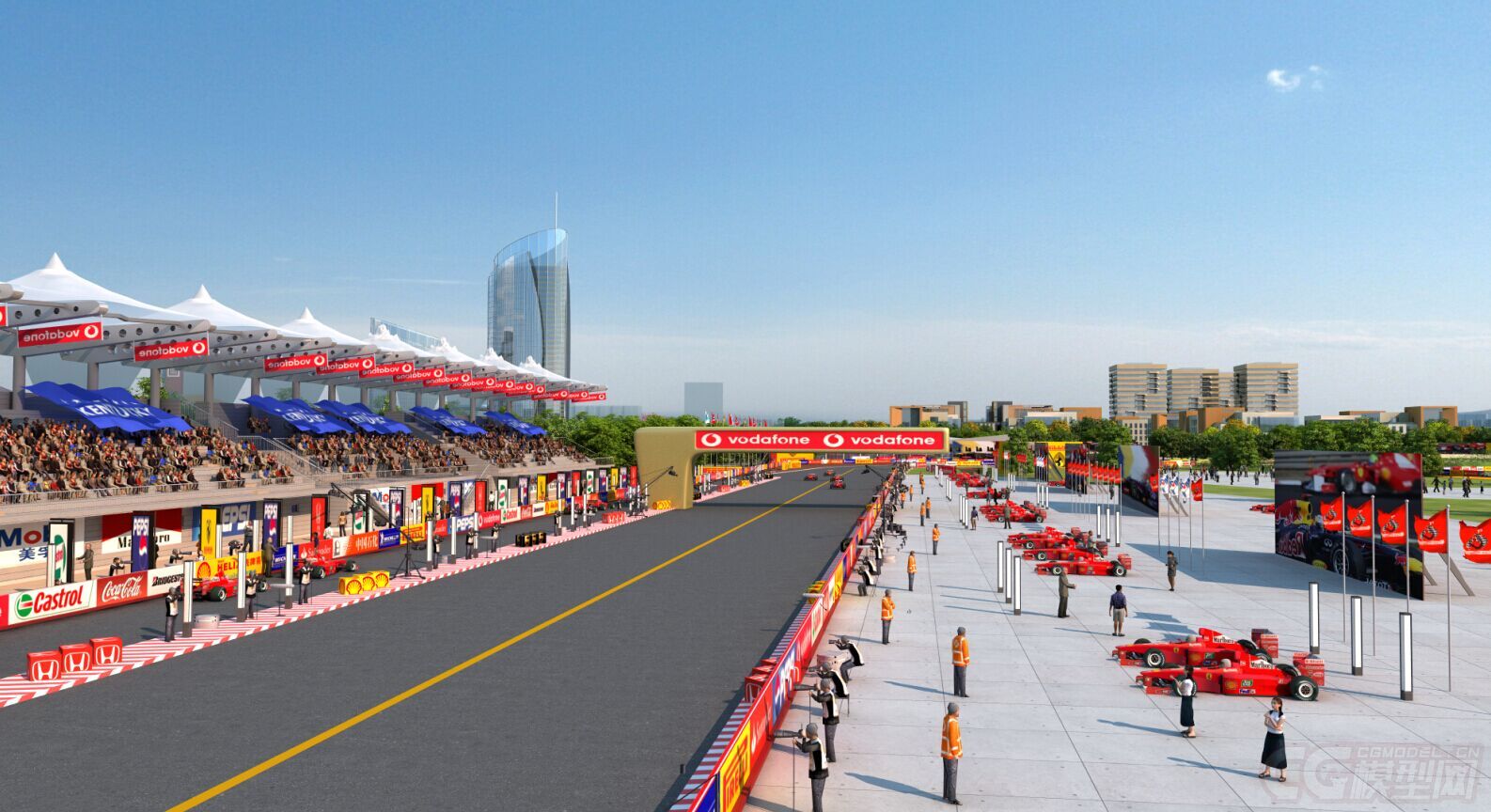 赛车场卡丁车跑道F1赛车广告跑道 体育场看台观众人记者赛车有模型-自然场景模型库-模型下载-cg模型网