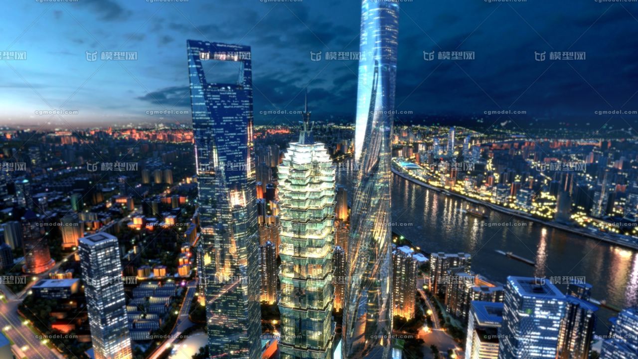 上海陆家嘴夜景鸟瞰模型-现代场景模型库-3ds Max(.max)模型下载-cg模型网