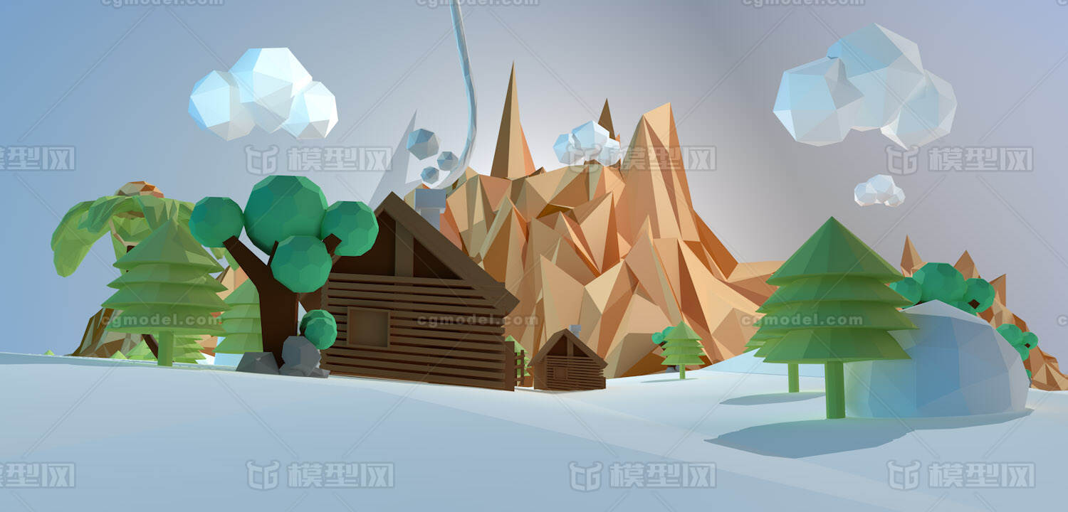 云朵雪地树山背景 卡通小场景模型 广告场景模型库 Cinema 4dc4d模型下载 Cg模型网