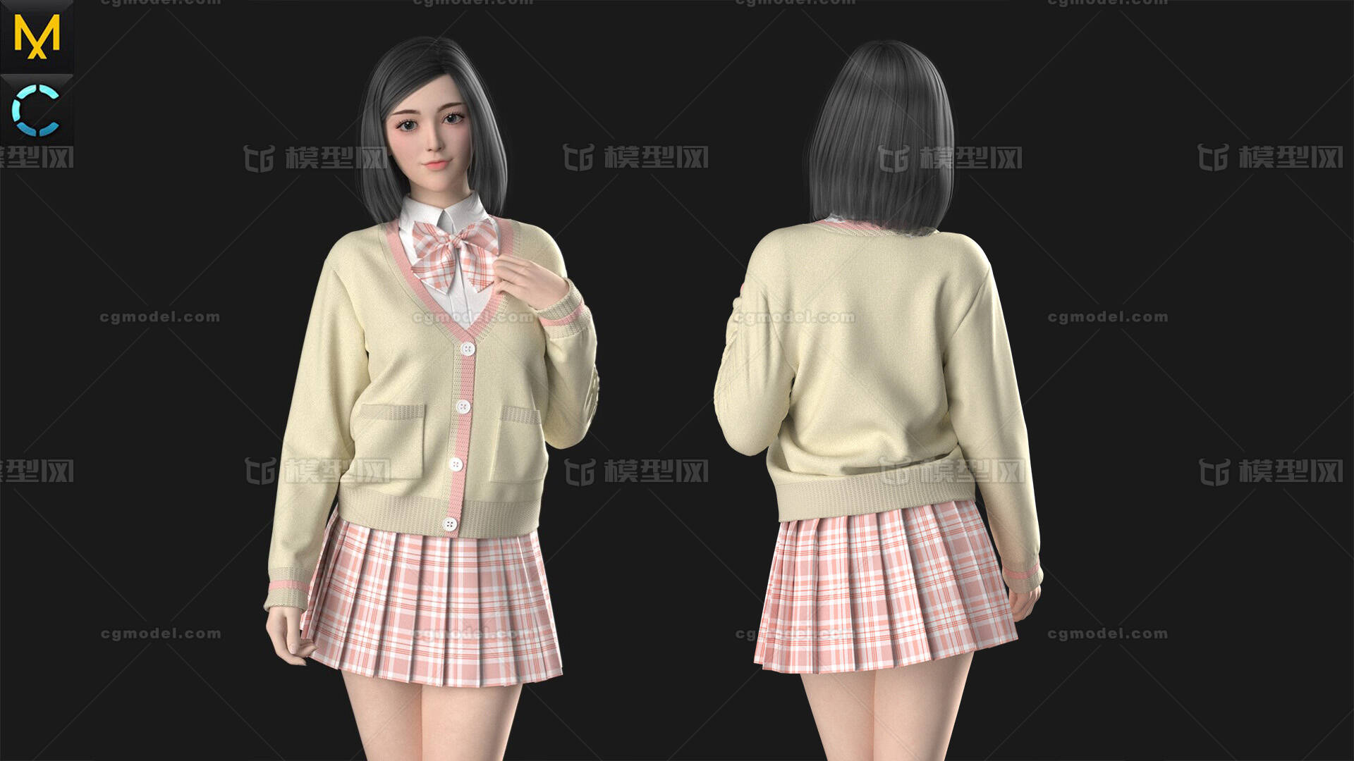 MD CLO3D女性角色校服模型套装可爱蝴蝶结JK毛衣服装模型-女人模型库-OBJ(.obj/.mtl)模型下载-cg模型网