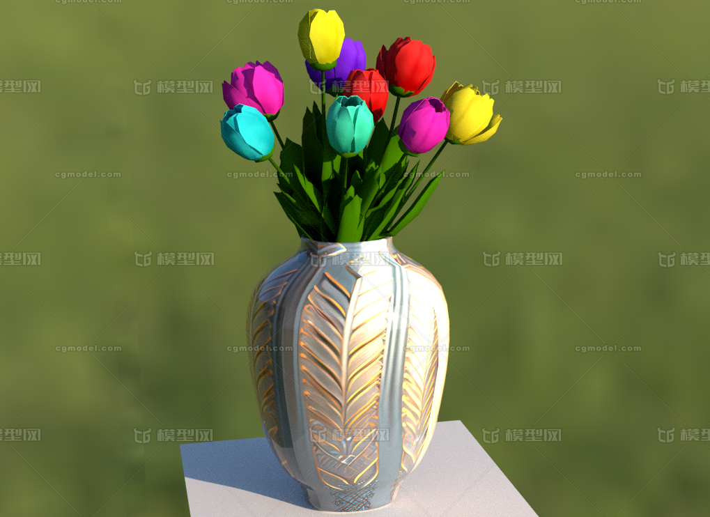 花瓶插花CG模型 琉璃花瓶插花动画3D模型 花瓶插着郁金香模型-花卉模型库-FBX(.fbx)模型下载-cg模型网