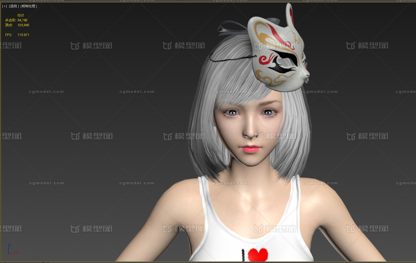 卡通风日式美少女恬静邻家女孩狐妖面具夏日清凉T恤牛仔短裤模型-女人模型库-3ds Max(.max)模型下载-cg模型网