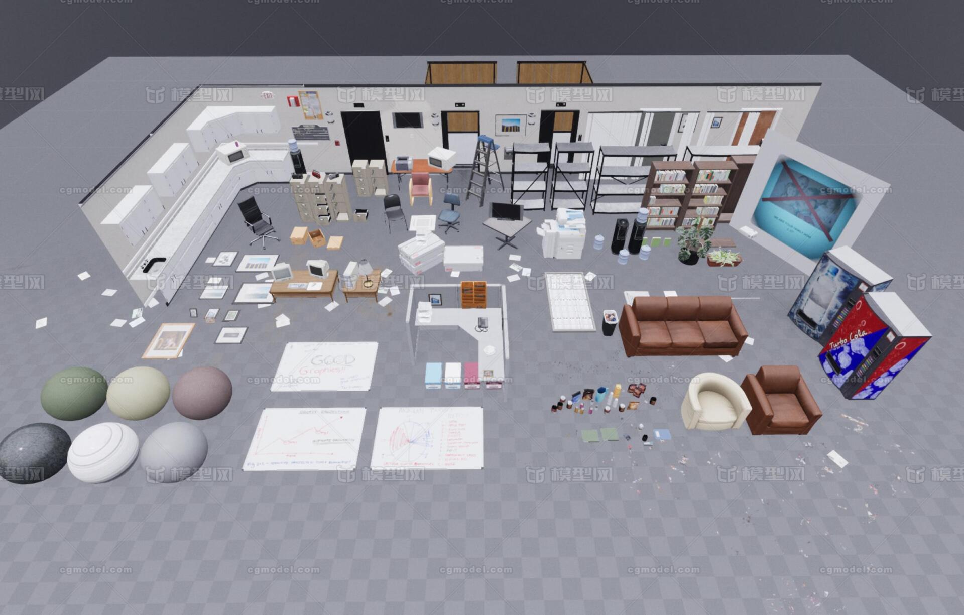 UE4/UE5模块化 格子间 壁画 电脑 座椅 橱柜 抽屉模型-场景部件模型库-FBX(.fbx)模型下载-cg模型网