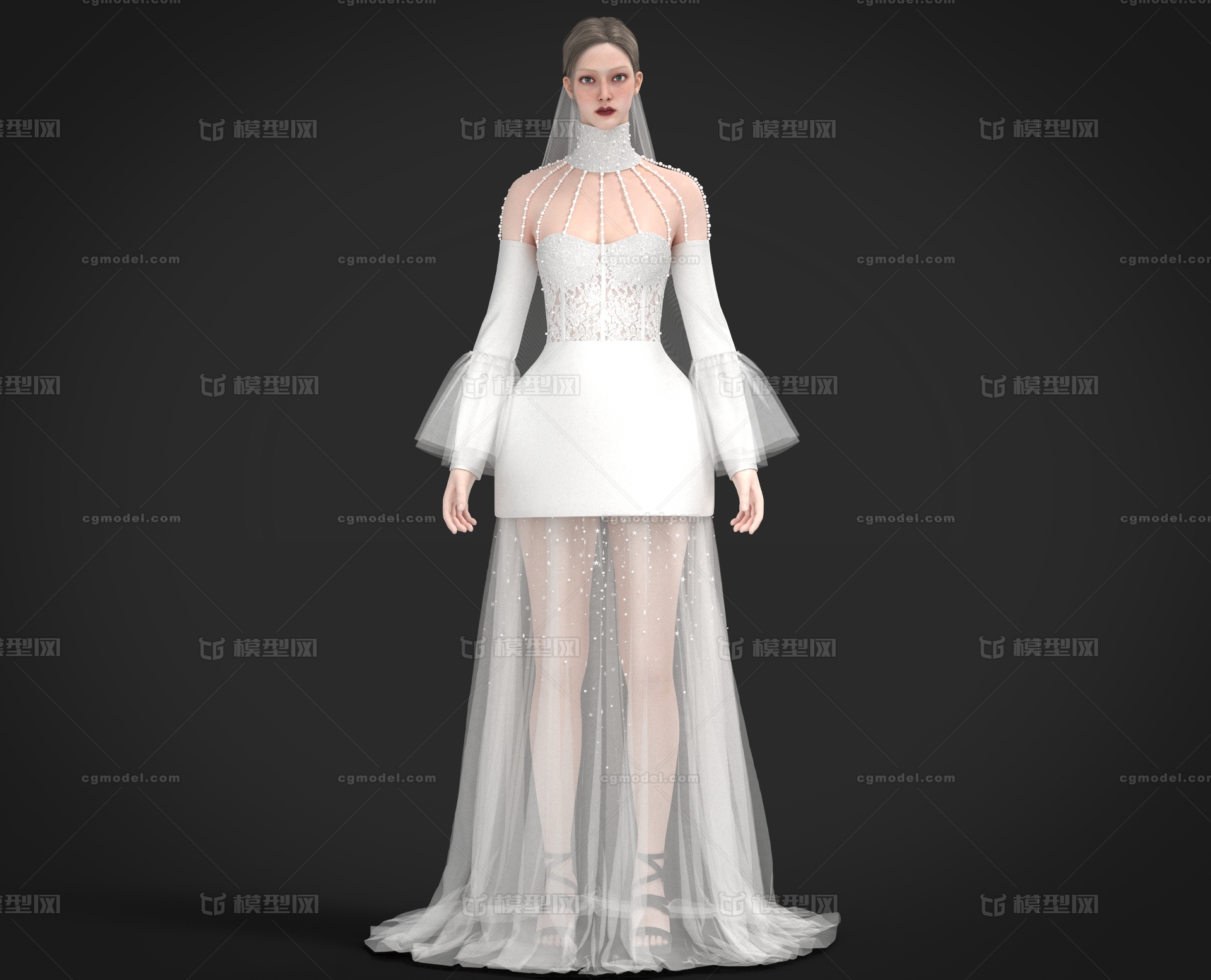 婚纱+头纱 缎面网纱拼接模型-穿戴服饰模型库-Marvelous Designer（.Zprj）模型下载-cg模型网